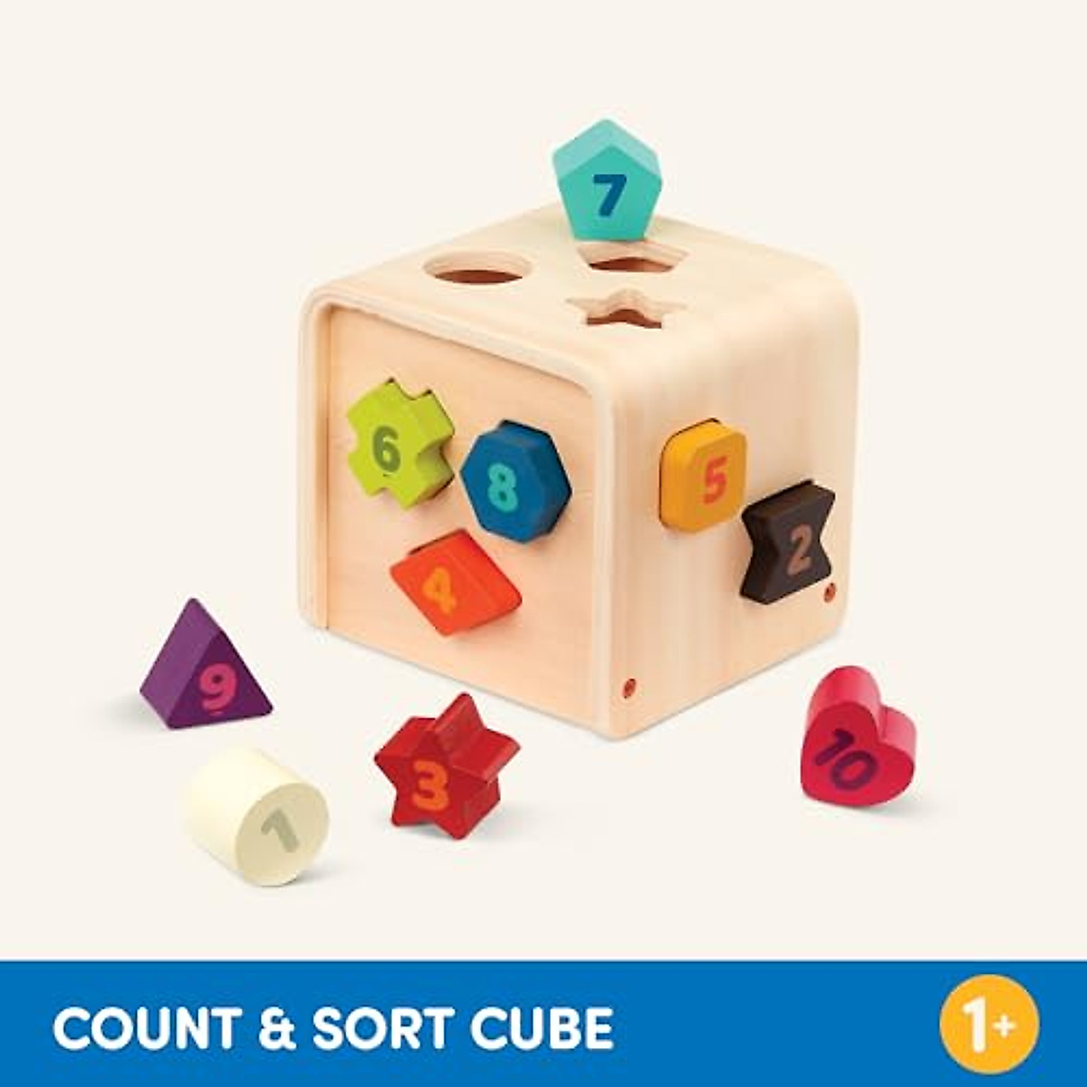 Battat – Shape Sorter For Toddlers, Kids – Wooden Learning Cube – 10 Colorful Wood Shapes With Numbers – Count & Sort Cube – 1 Year + – Count & Sort Cube