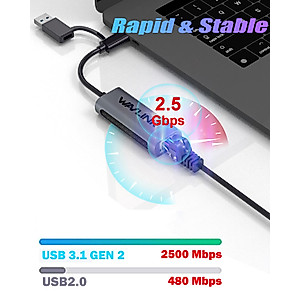 Wavlink USB C to Ethernet Adapter 2.5 Gbps, 2-in-1 USB to 2.5G Ethernet Adapter, USB-C to RJ45 Network Converter (Thunderbolt 4/3 Compatible), Aluminum Case for Windows, Mac OS, iPad OS and More.