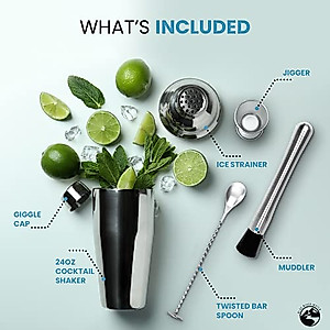 24oz Cocktail Shaker Set - Bar Tools Drink Shaker Built-in Cocktail Strainer, Muddler, Jigger, Mixing Spoon, Recipe Book – Martini Shaker / Drink Mixer-Bar Accessories / Bartender Kit for Home Bar Set