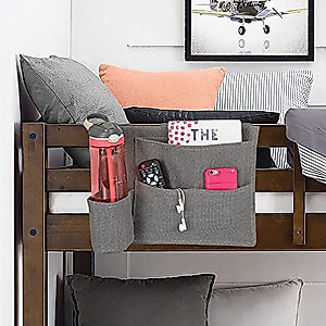 mDesign Cotton Canvas Bedside Hanging Storage Organizer Caddy for Dorm, Bedroom Bed Frame - 4 Pockets, 3 Loops - Holds Phone, Remote Control, Magazines, Bottle Drinks - Crane Collection -Charcoal Gray