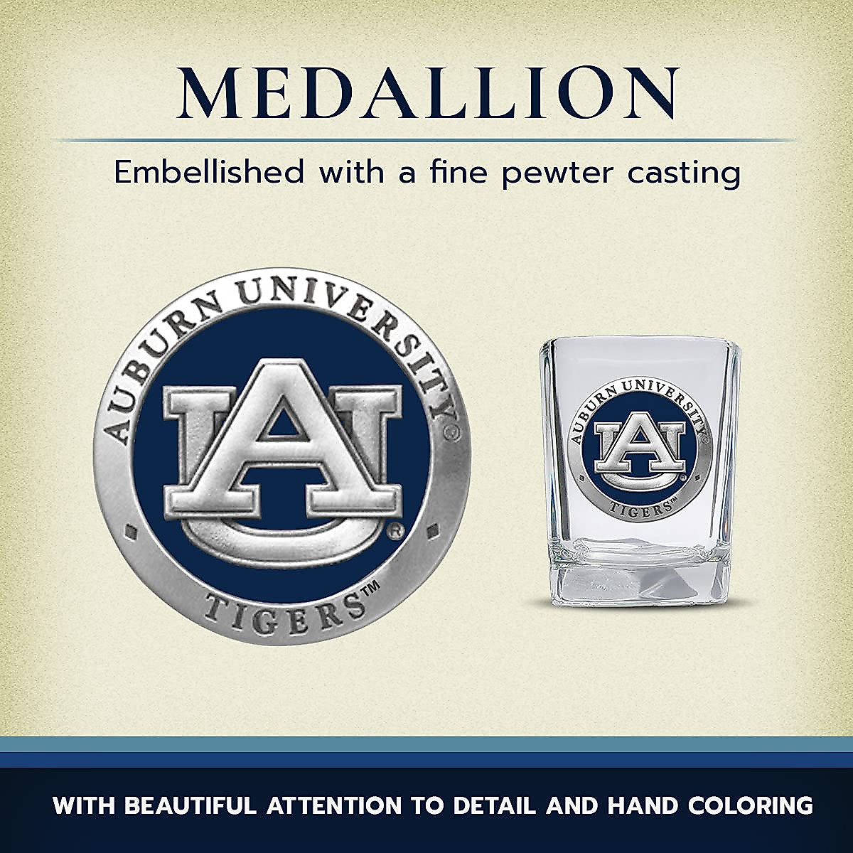 Heritage Pewter University of Auburn Square Shot Glass | Hand-Sculpted 1.5 Ounce Shot Glass | Intricately Crafted Metal Pewter Alma Mater Inlay