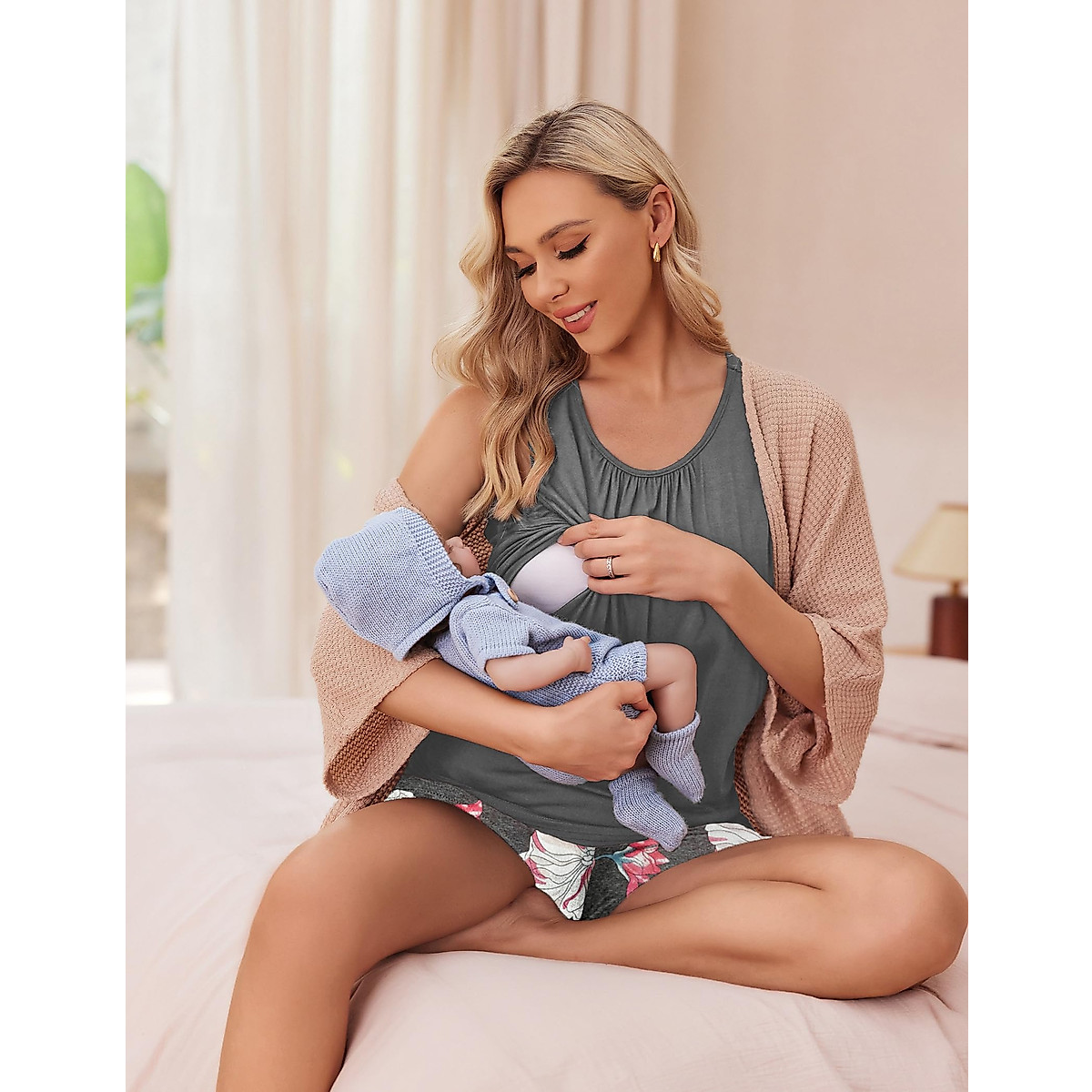 Ekouaer Nursing Pajamas for Women Breastfeeding Sleeveless Tank Top and Shorts Set Maternity Loungewear Summer Post-parturn Sleep Set Floral Grey XL