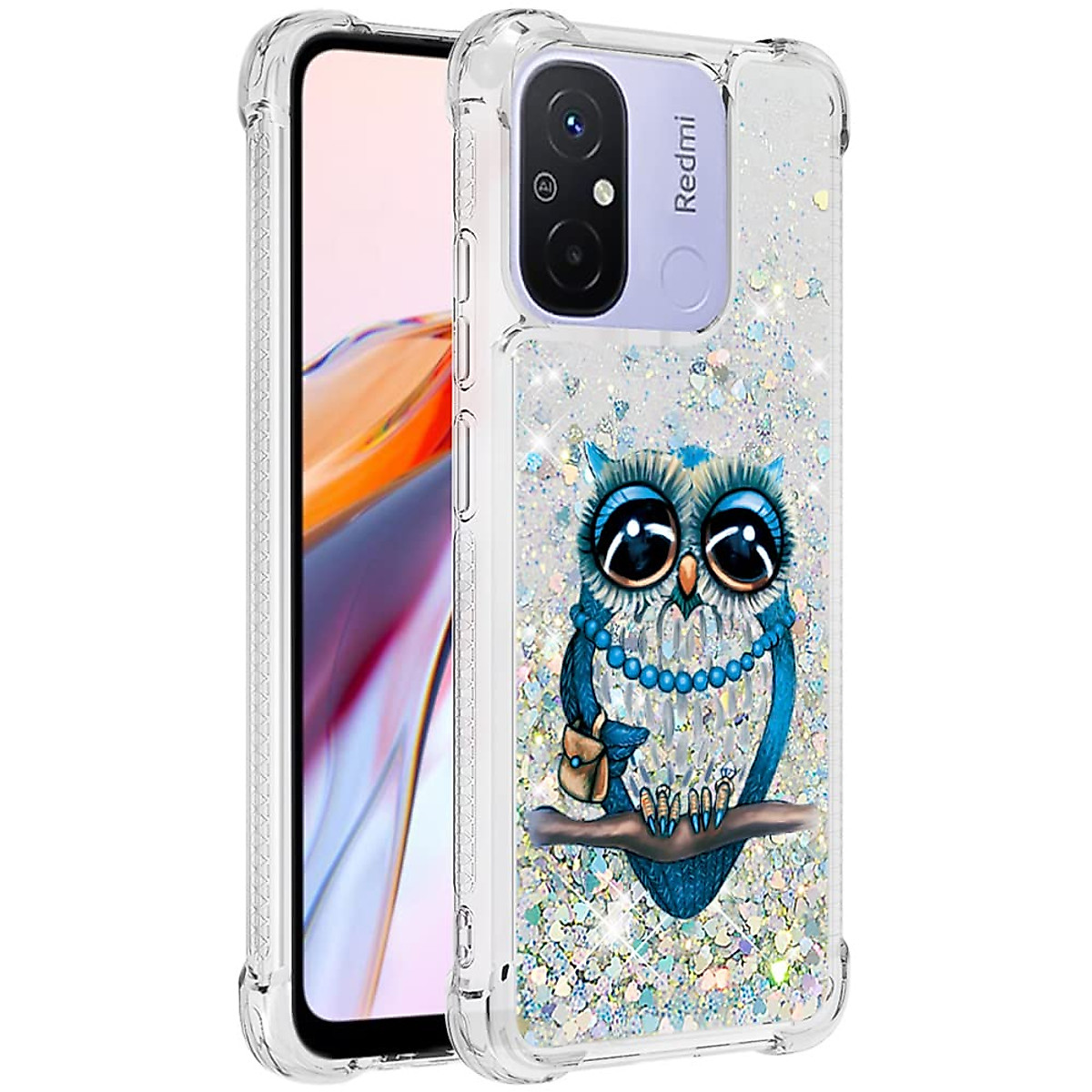 Monwutong Slim Fit Phone Case for Xiaomi Redmi 12C,Glitter Liquid Quicksand Effect Silicone Soft TPU Fashion Case with Four Corners Anti-Drop Protection for Redmi 12C,YBDT Owl