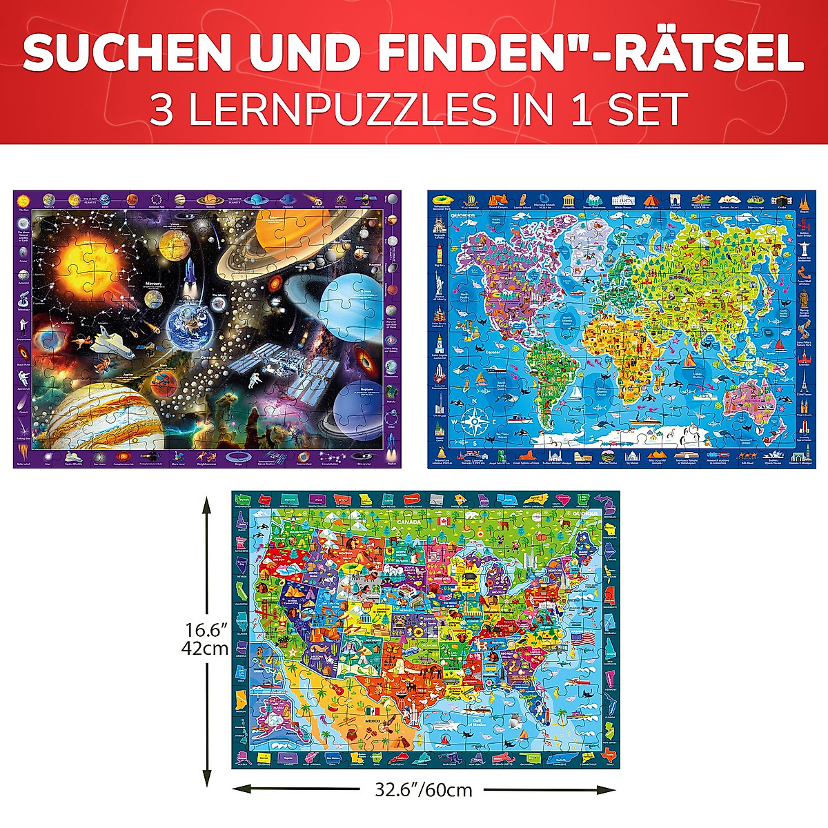 QUOKKA 100 Piece Puzzles for Kids Ages 4-6 – 3 Pack Floor Puzzles for Kids 8-10 Year Old – Learning Games World Map & Space 5-7 – United States Educational Puzzles for Toddlers 3-5