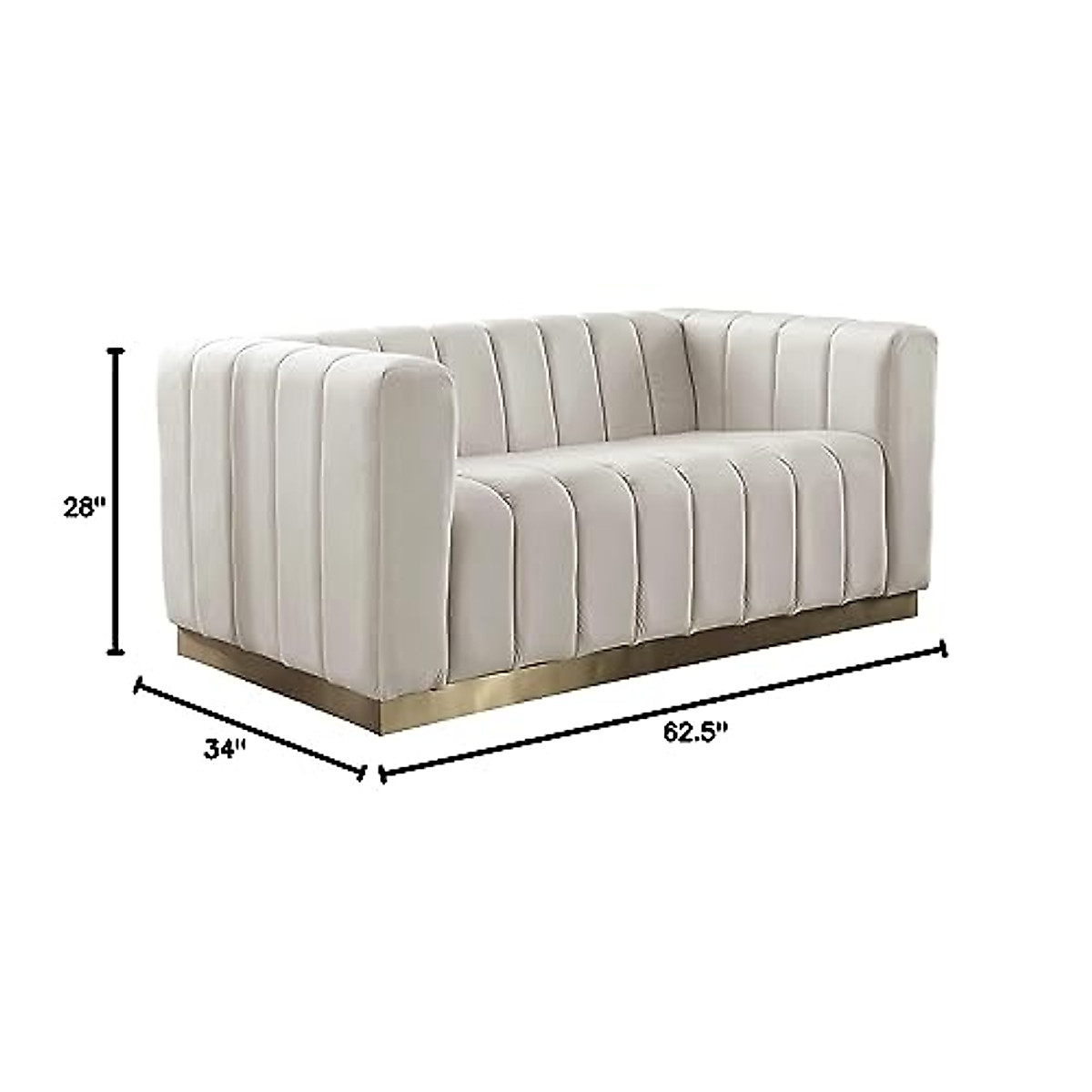 Meridian Furniture 603Cream-L Marlon Collection Modern | Contemporary Velvet Upholstered Loveseat with Deep Channlel Tufting and Brushed Gold Finish, Cream, 62.5" W x 34" D x 28" H