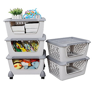 Tstorage 5-tier Stacking Storage Basket Tower with Wheels, Plastic Open Stacking Basket, Grey