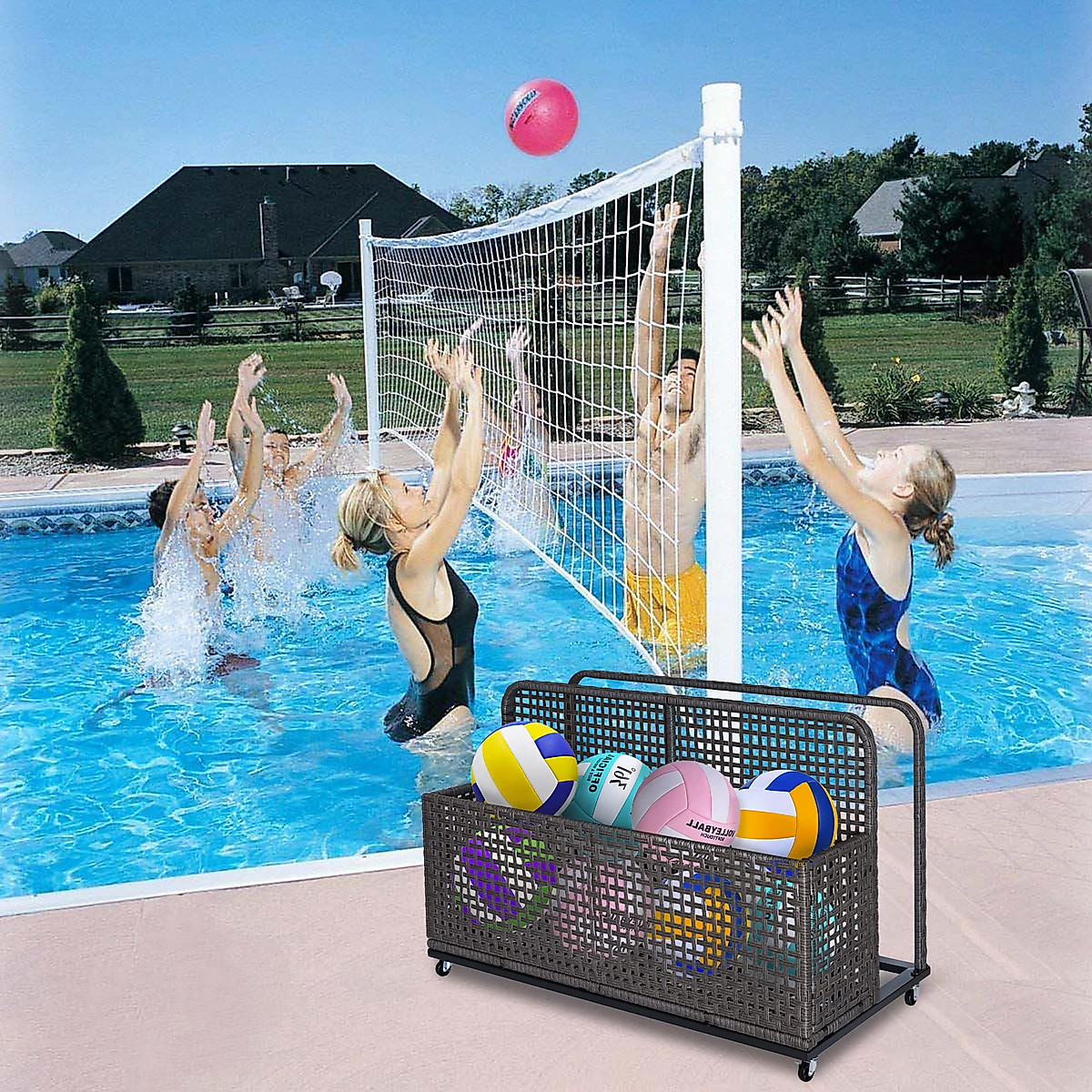 STMHOM Poolside Float Storage, Outdoor Storage, Patio Poolside Float Storage Basket, Storage Box, PE Rattan Outdoor Pool Caddy with Rolling Wheels for Floaties, Patio, Pool, Beach-Sturdy & Movable,