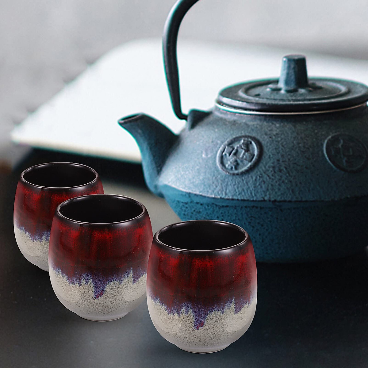 Didiseaon Handleless Ceramic Cup Ceramic Kiln-change Espresso Cup Small Coffee Cup Chinese Kung Fu Tea Cup Vintage Pottery Teacup Tasting Cup 80ml Red Asian Tea Cup