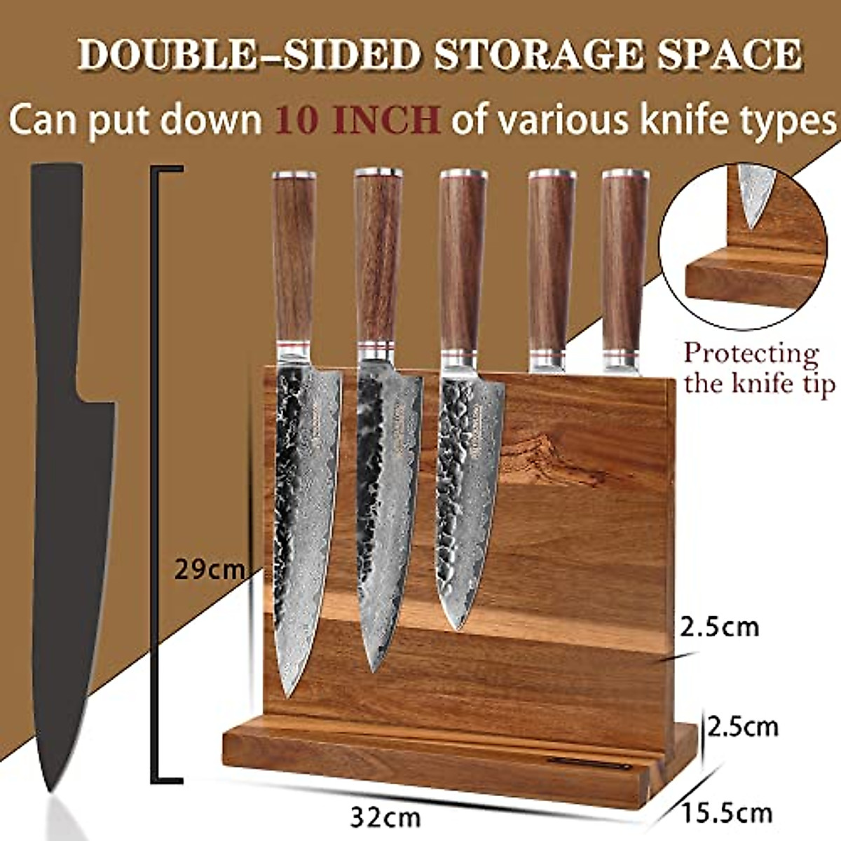 YOUSUNLONG Magnetic Knife Block - Magnetic Knife Holder - Magnetic Knife Stand - Double Sided Magnetic Acacia Wood - Holds 10 inch knives - Large Cutlery Display Stand and Storage Rack