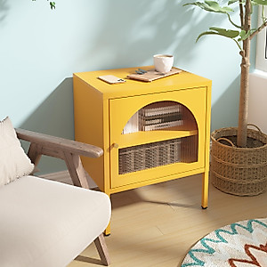 Aiasuit Single Door Nightstand Bedroom Bedside Table Adjustable Frosted Texture Storage Side Cabinet Glass Coffee Table Storage Cabinet Solid Room Side Table Yellow Size: 23.62”H x 19.68”W x 13.88”D