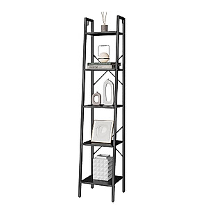Hzuaneri Ladder Shelf, Bookshelf Bookcase, Freestanding Corner Storage Shelve with 2 Hooks for Home Office, Living Room, Kitchen, Bedroom, Industrial, 5-Tier Black BC03204B
