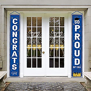 Whaline Graduation Porch Sign Congrats Grad Door Sign So Proud of You Banner Graduation Welcome Hanging Banner Graduation Party Backdrop for Grad Party Outdoor Yard Decorations (Blue)