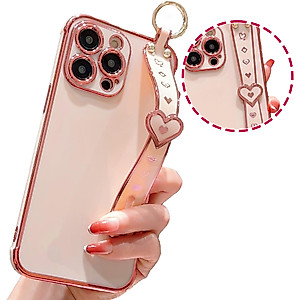 IDweel for iPhone 13 Pro Max Case with Adjustable Wristband Strap Kickstand Loop Heart Luxury Plating,Raised Corners Bumper Shockproof Slim Fit Durable Cover for Women Girls,Rose Gold