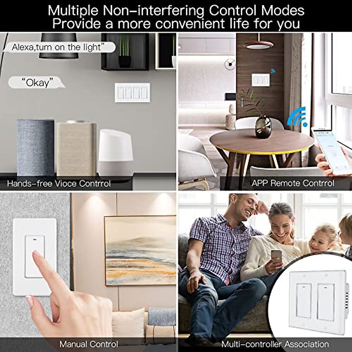 MOES WiFi Smart Light Switch, Single Pole/Multi-Control Association Needs Neutral Wire 2.4GHz Wi-Fi Smart Life/Tuya App Light Switch Works with Alexa and Google Home No Hub Required, 4 Pack White