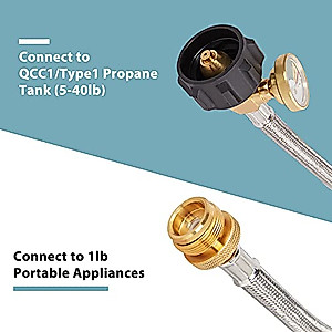 SHINESTAR 6FT Braided Propane Hose Adapter with Gauge, Fits for Coleman Camping Stove, Weber Q Grill, Blackstone Tabletop Griddle and More, Connects to 5-40lb Propane Tank