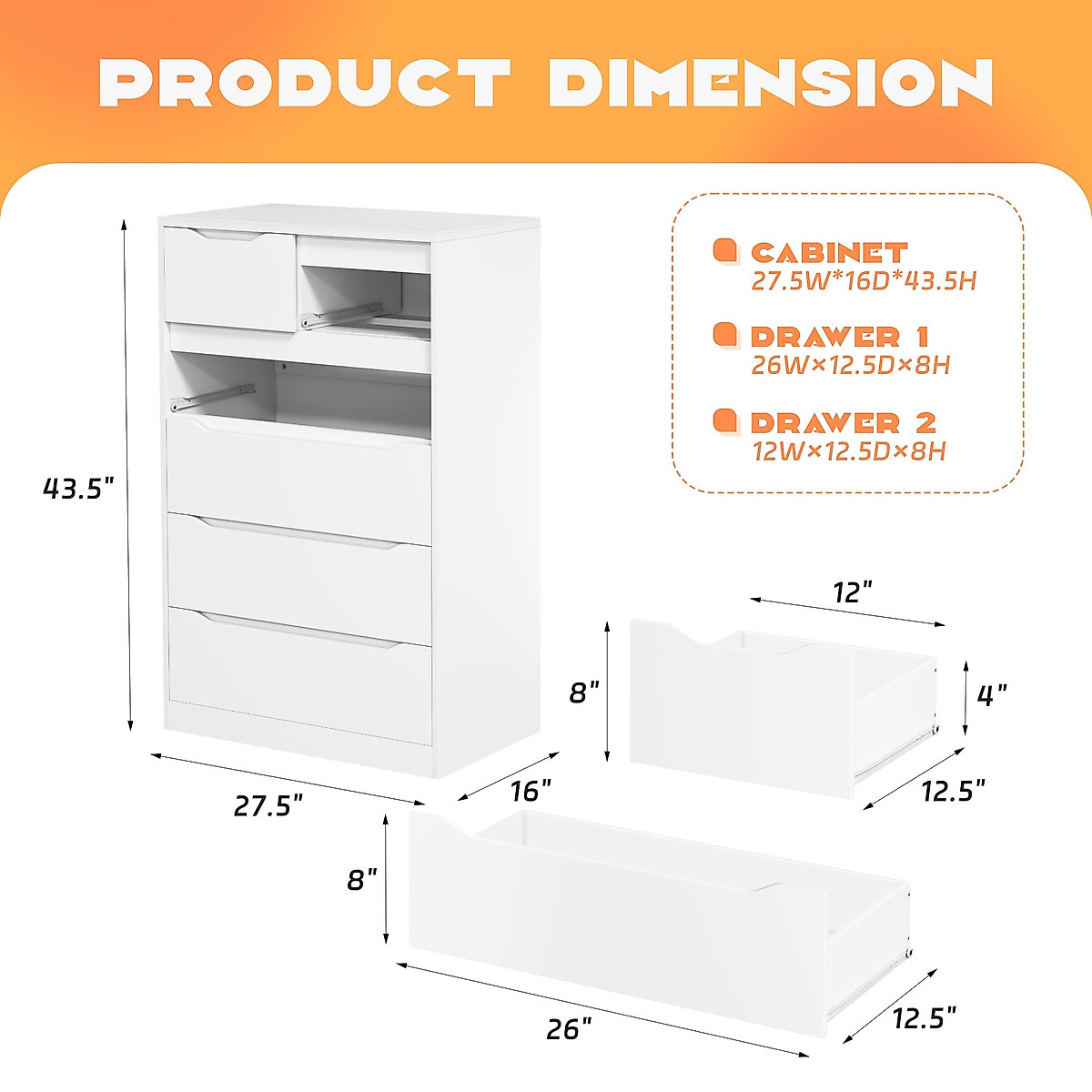SPERTIKC Tall Chest of Drawers, 6 Drawer Dresser for Bedroom, White Dresser with Large Storage Space, Modern Dresser for Corridors and Living Rooms, 27.5" x 16" x 43.5"