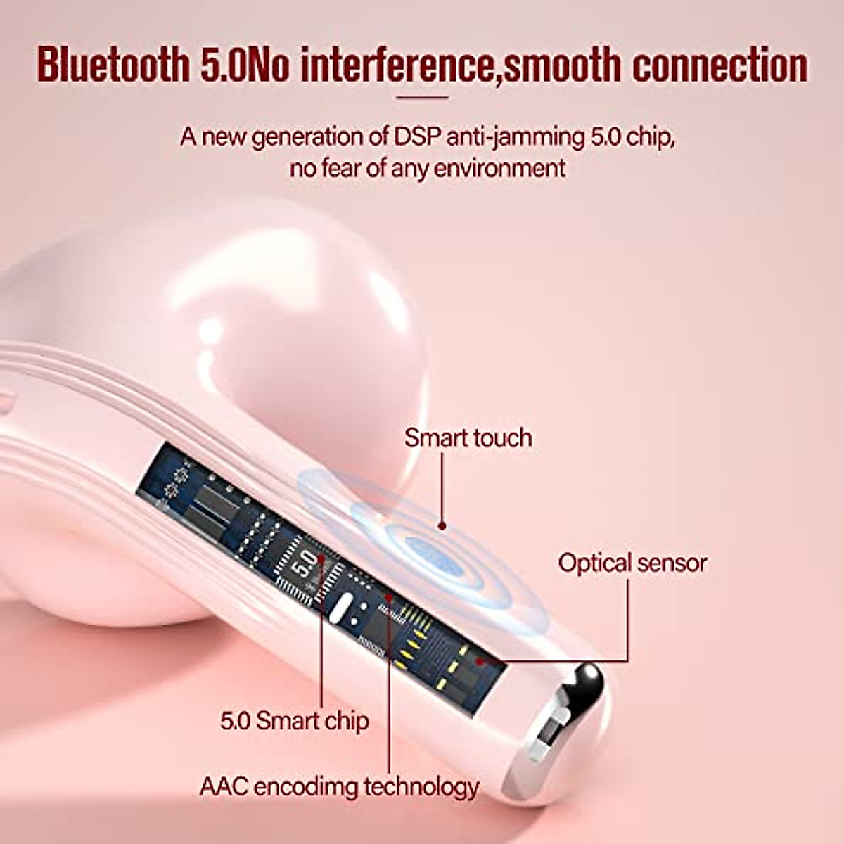 GOALSEN J-Series J03 Exquisite Bluetooth Headphones –Dual Bluetooth Wireless Earbuds Pressure-Touch Control, Bass Boost Stereo Sound, Built-in Mic and Sweat Resistant for Gym Running Workout-Pink