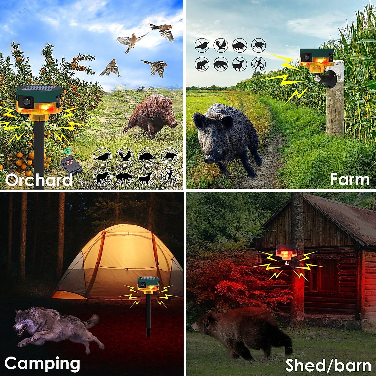 HULPPRE Solar Outdoor Motion Sensor Alarm-Dog Barking&Gunshot Sound,130db Loud Noise Maker,Support Recording,13 Kinds of Sound Strobe Light with USB,Say Goodbye to The Intruders
