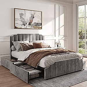 PaPaJet Queen Platform Bed Frame with 4 Storage Drawers Curved Upholstered Velvet Bed Frame with Adjustable Headboard, Wood Slat Support, No Box Spring Required, Mattress Foundation, Dark Grey