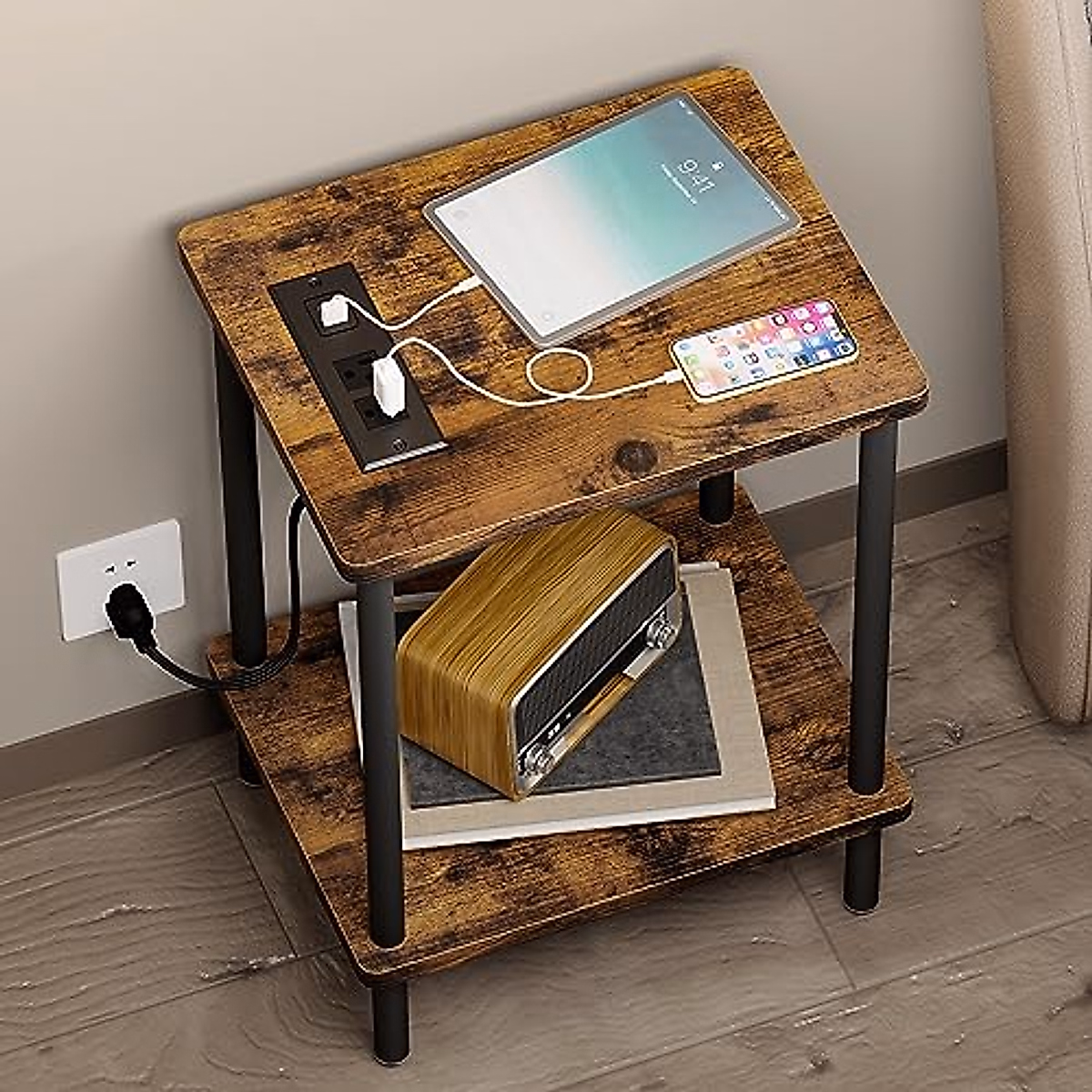 Fixwal 2-Tier Nightstand with Charging Station, End Table Set of 2, Side Table with USB Ports and Power Outlets, Side Table for Living Room, Bedroom, Rustic Brown and Black