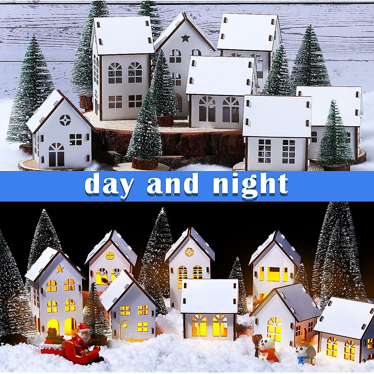 Sawysine Winter Village Kit DIY White Wood Village Houses Mini Tree Farmhouse Winter Christmas Sets Scene Desktop Ornament for Xmas Holiday Party(16 Pcs)