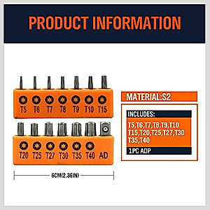 HORUSDY 14-Piece Tamper Resistant Star Bits, S2 Alloy Steel, T5 - T40 Security Torx Bit Set. (14-Piece Torx Bit Set)