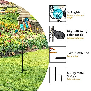 Asense Garden Solar Lights Pathway Stake Outdoor Metal Sculpture Art Decor, Solar Powered LED Lights for Lawn Patio Courtyard, Blue Flamingo with Crackle Glass Ball