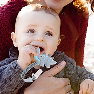 Baby Teething Toys, Dinosaur Teether Pain Relief Toy with One Piece Design Silicone Pacifier Clip Holder Set for Newborn Babies, Freezer Safe Neutral Shower Gift for Boy and Girl(Grey)