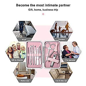 JIUKE Professional Nail Care Manicure Set of 9Pcs,Stainless Steel Pedicure Tool,Finger File Nail Clippers Grooming Kit,With Pink Travel Size Case for Women