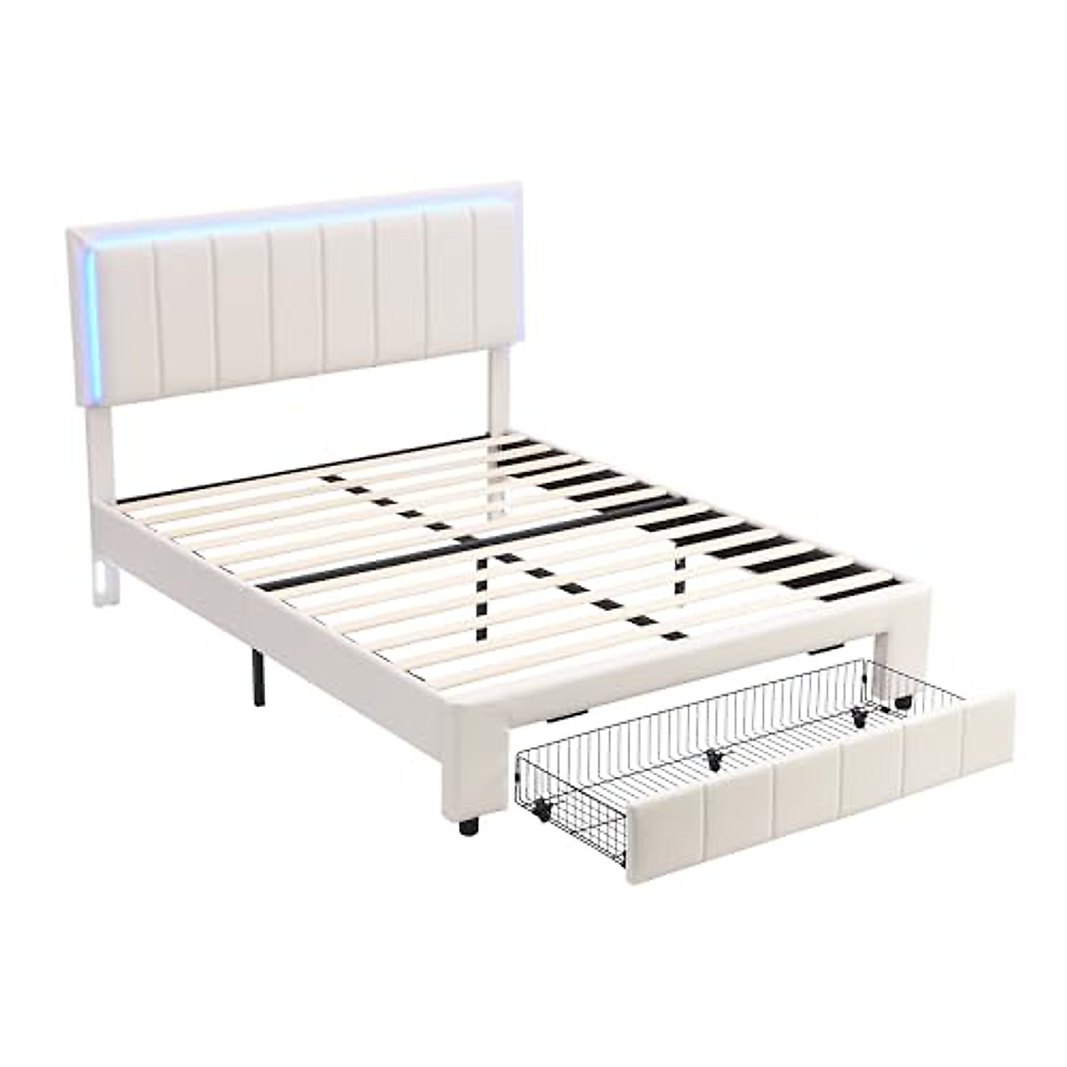 Modern Queen Size Upholstered Platform Bed with LED Lights and 2 Motion Activated Night Lights, PU Leather Platform Bed Frame Mattress Foundation with Storage Drawer for Bedroom Guest Room (White-A4)