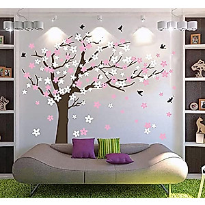 Large Cherry Blossom Tree Blowing in The Wind Tree Wall Decals Wall Sticker Vinyl Wall Art Kids Rooms Teen Girls Boys Wallpaper Wall Stickers Room Decor (Dark Brown Tree,White and Pink Flower)