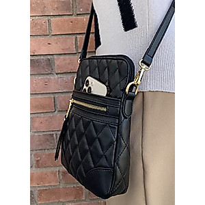 lola mae Small Quilted Crossbody Bag for Women Phone Pocket Shoulder Handbag Zipper Closure (Black)