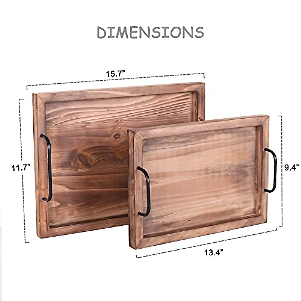 Ottoman Tray with Handles Set of 2 Serving Tray for Coffee Table Decorative Tray Rustic Rectangular Tray for Food Dinner Breakfast Kitchen Bedroom Living Room Housewarming Gift, Large & Small, Brown