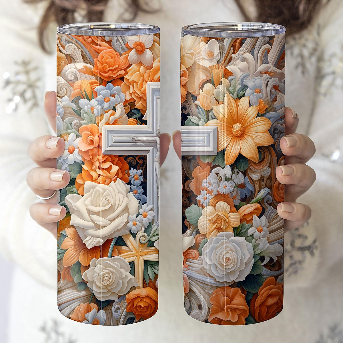 CERMELUS 3D Wrap Christian Jesus Cross 20oz Skinny Tumbler, Stainless Steel Double Wall Insulated Cup With Lid And Straw Multi, Bible Christian Tumbler, Gifts for Women, Mom, Daughter, Friends