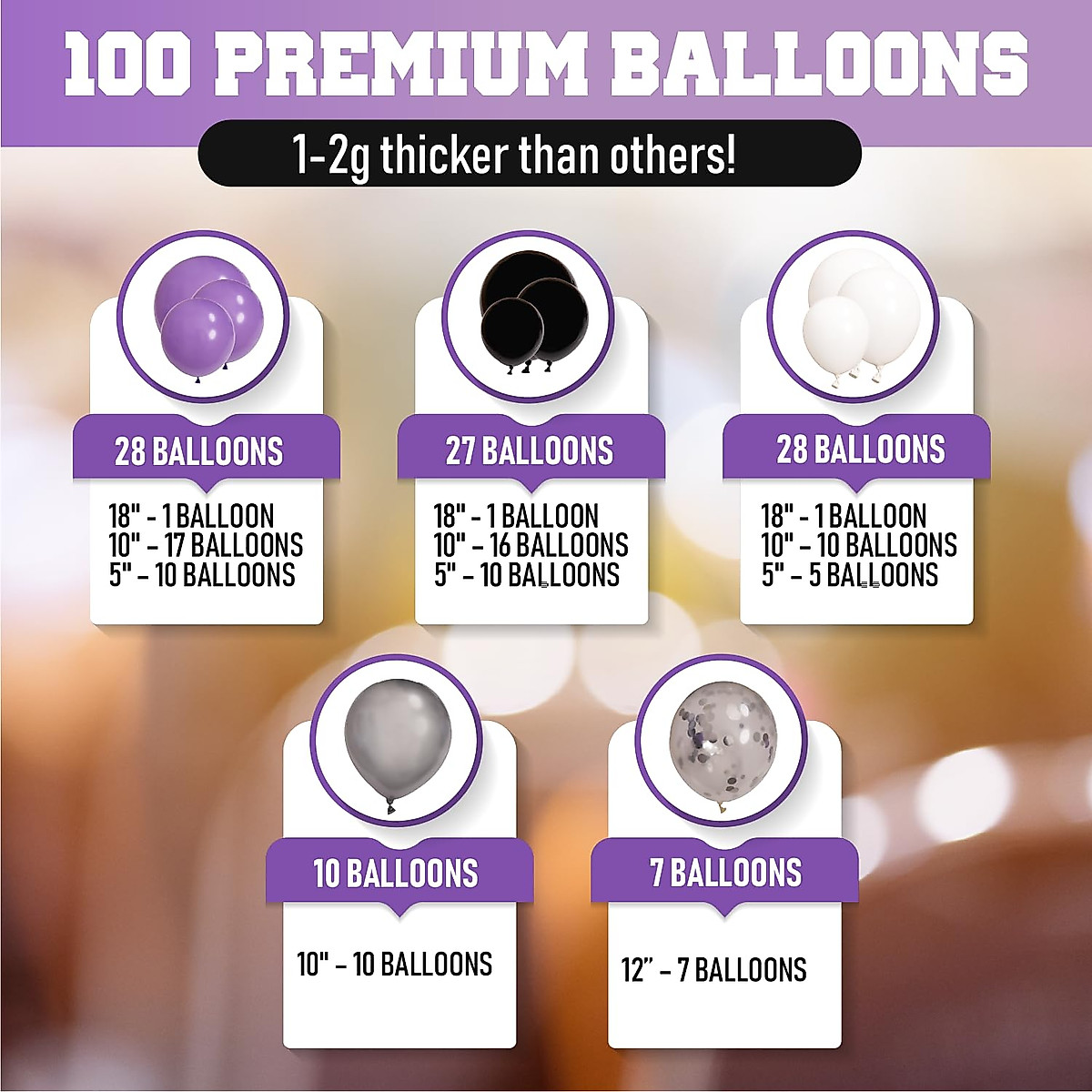 ALL-IN-1 Purple and Black White Balloons Garland & Arch Kit – Small and Large White Purple and Black Balloons – Party Decorations for Graduations, Birthdays, Retirement, Halloween – Wednesday