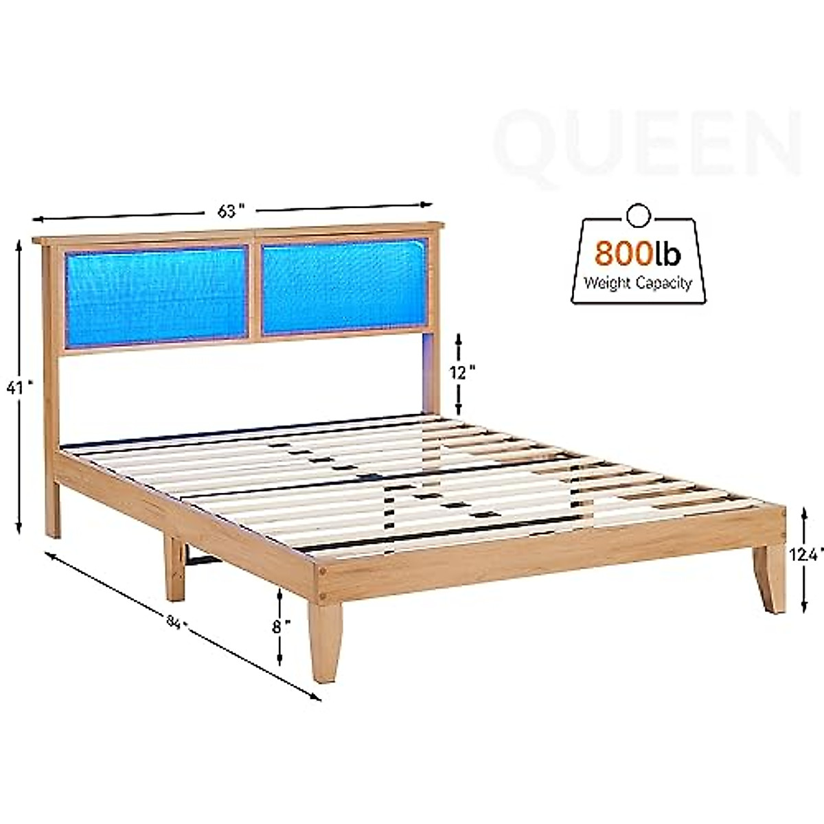 GAOMON 12.4 Inch Deluxe Solid Wood Queen Bed Frame with Natural Rattan Headboard, Queen Size Platform Bed Frame with LED Lights, Mattress Foundation, Noise-Free, No Box Spring Needed