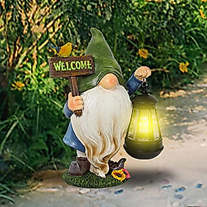 MorTime Garden Gnomes Statue, Solar Gnome Figurine Welcome Sign Resin Gnome with LED Lights Patio Yard Lawn Porch Garden Decorations