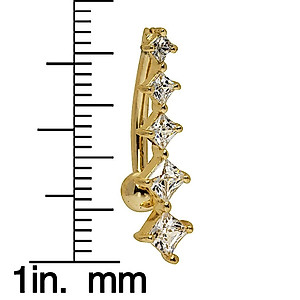 JewelryWeb Solid 14k Yellow or White Gold Princess Square Cubic Zirconia Bar Top Mount Belly Button Ring Dangle (4mm x 20mm) (yellow-gold)