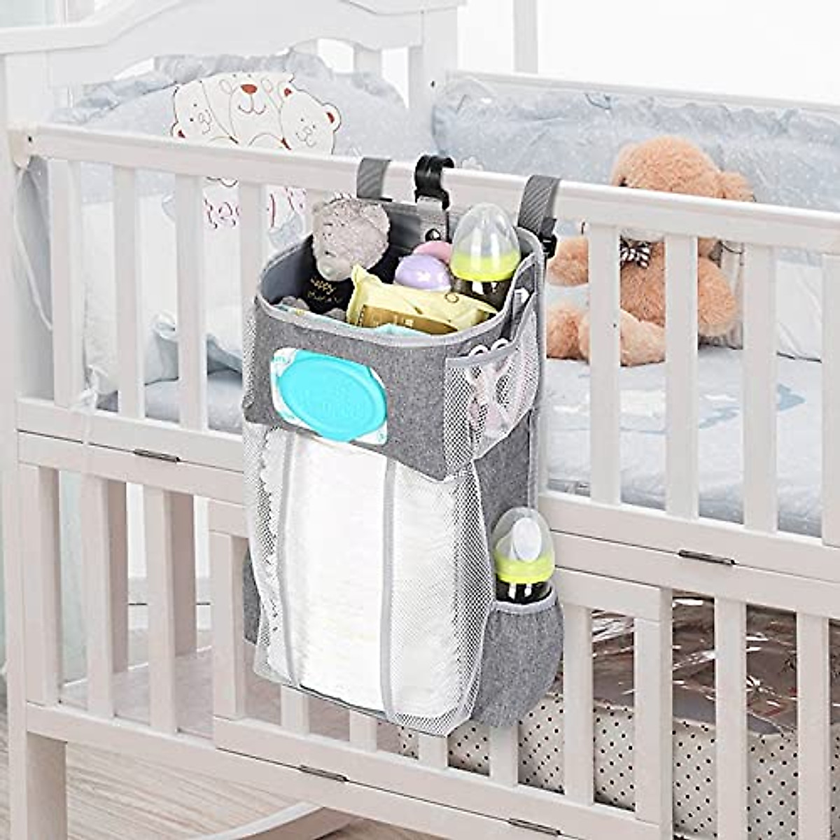WSNM Hanging Diaper Organizer,Baby Bed Hanging Organizer,Nursery Organization Baby Diaper Holder, Diaper Stacker Storage for Crib, Playard, Changing Table or Wall with 2 Buckle straps (Gray)