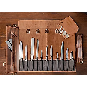 RUSTIC TOWN Leather Knife Roll Storage Bag | Elastic and Expandable 11 Pockets with Tool Pouch | Adjustable/Detachable Shoulder Strap | Travel-Friendly Chef Knife Case Roll (Walnut Brown)