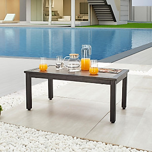 LOKATSE HOME Outdoor Rectangular Metal Coffee Table Patio Furniture with Wood Grain Top for Backyard, Deck, Lawn, Garden, Black