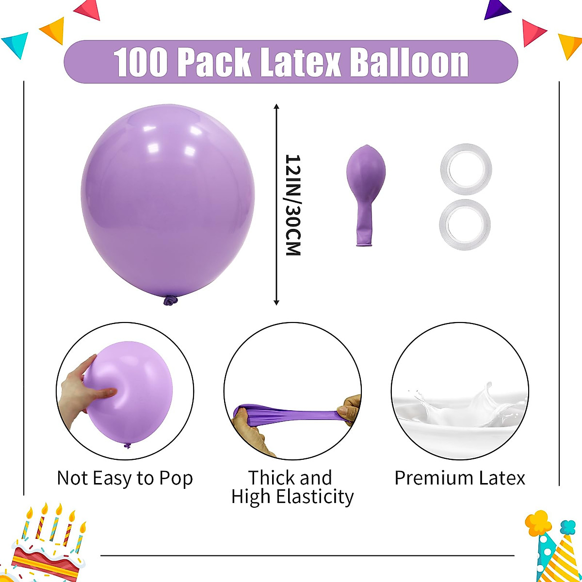 PatiCool Light Purple Balloons - 12 inch 100pcs Latex - Round Pastel Purple Birthday Balloons with 2 Ribbons, Lilac Lavender Balloons for Birthday Party, Wedding, Anniversary, Baby Shower Decorations