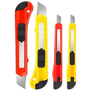 DIYSELF 4 Pack Box Cutter, Box Cutter Retractable, with 10 Pcs 9mm Snap off Blades, Utility Knife for Carton, Cardboard, Paper Knife, Box Cutter for Office, Warehouse, Small Box Opener, Razor Knife