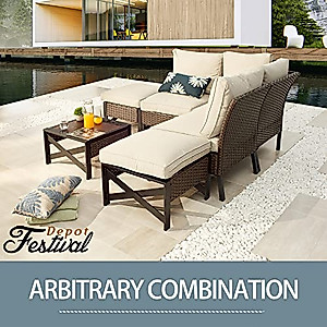 Festival Depot 1 Pc Patio Wicker Rattan Sectional Corner Sofa Seat Outdoor Chair Furniture with Thick Cushions and Metal Frame for Deck Porch Poolside Garden