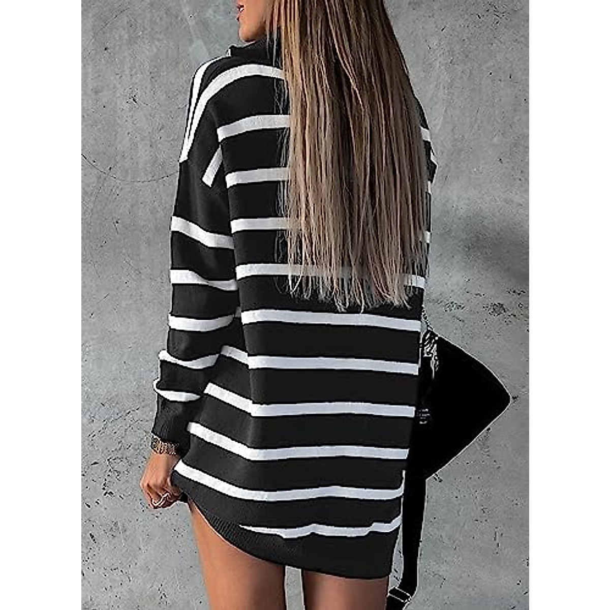Sidefeel Women's Casual Striped Sweater Dress Fall Winter 2023 Half Zip V Neck Knitted Loose Mini Dress Long Sleeve Pullover Jumper Sweaters Black Large