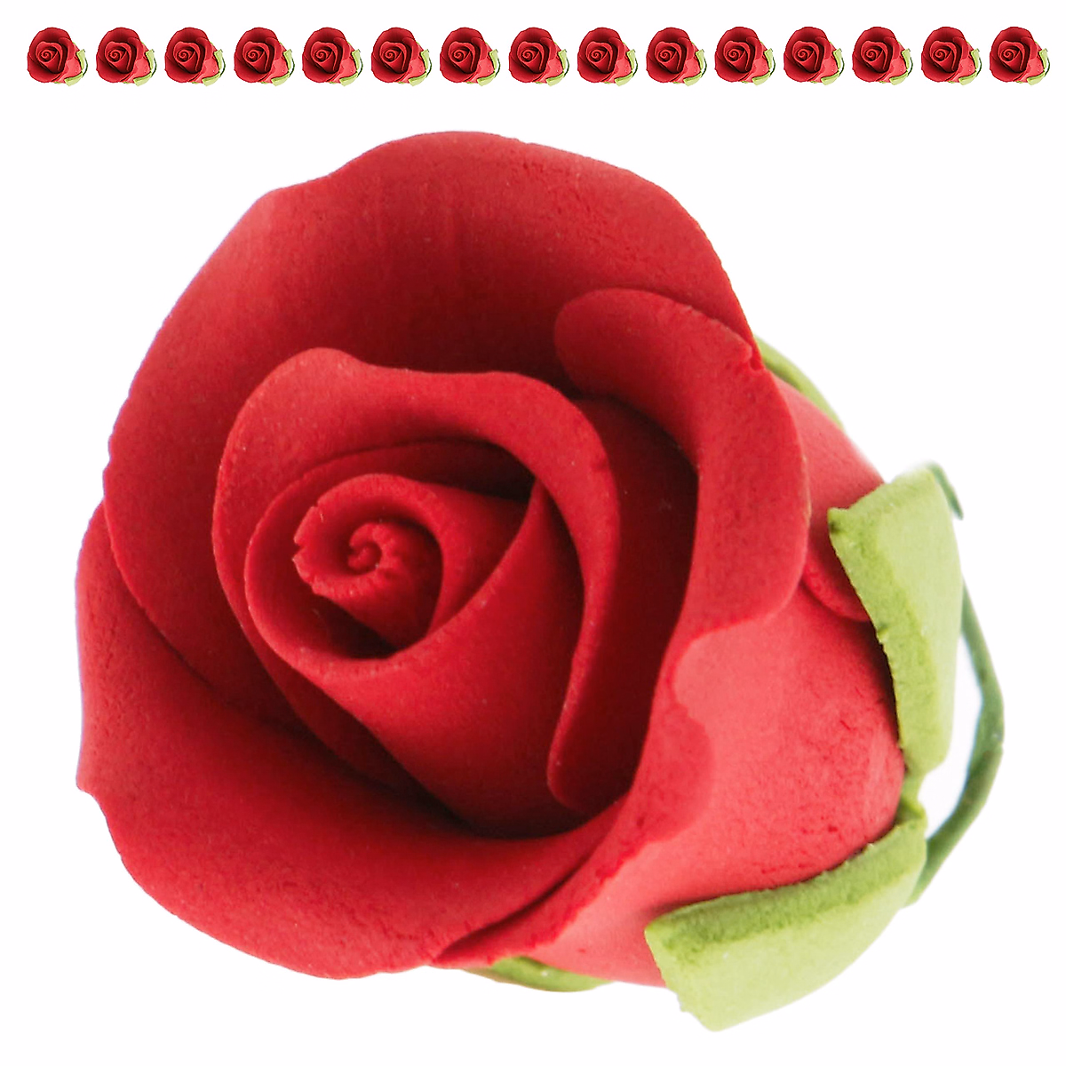 Global Sugar Art Tea Rose Sugar Cake Flowers, Red With Green Calyx, Small 1 inch, 15 Count by Chef Alan Tetreault