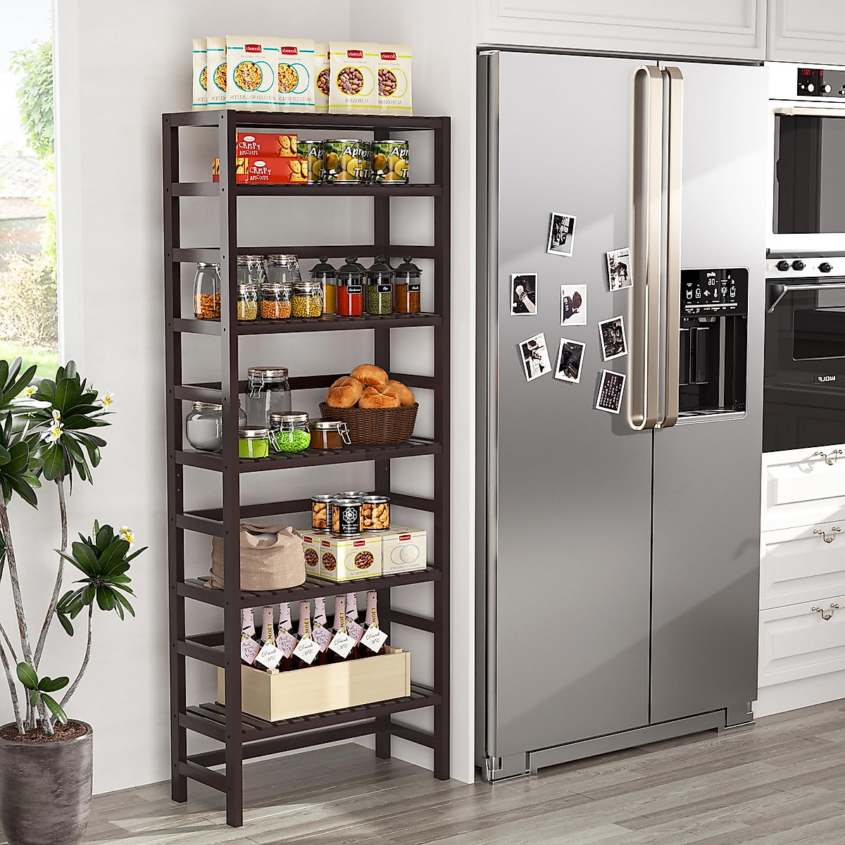 Homykic 6-Tier Bamboo Bookshelves and Bookcases, Adjustable 63.4”Tall Shallow Book Shelf Organizer Rack, Freestanding Storage Shelving Unit for Living Room, Kitchen, Bathroom, Office, Espresso