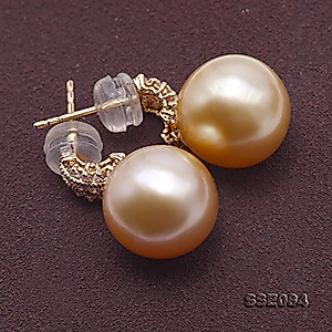 JYX Pearl 14K Yellow Gold Earrings AAA Quality Genuine 11.5mm Round Golden South Sea Cultured Pearl Dangle Earrings for Women