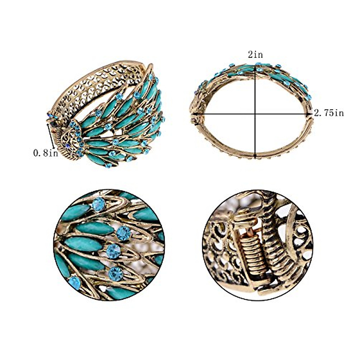 Alilang Womens Antique Golden Tone Peacock Bracelet Bangle With Turquoise Blue Gems, Blue