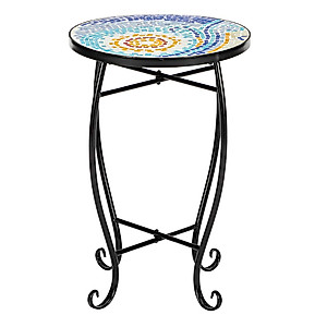 OOTDxvv Outdoor Side Table, 14inch Mosaic Patio Table Accent Table Plant Stand Small End Table with Coloured Glass for Porch Beach Patio Garden Balcony Poolside (D)